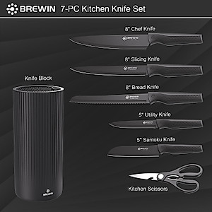 Knife Set, Brewin Kitchen Knife Set, Knives Set for Kitchen, Universal Knife Block, Utility Knife Block Set, Kitchen Essentials, New Home Essentials, Apartment Essentials, Dishwasher Safe, All Black