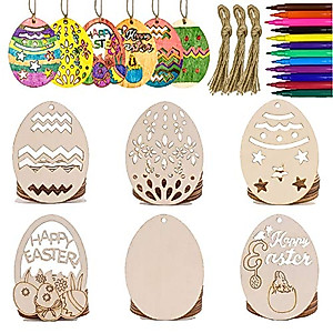 Anditoy 30 PCS Easter Wooden Hanging Ornaments Unfinished Wood Slices Eggs Easter Crafts for Kids DIY Easter Decorations Party Supplies Decor