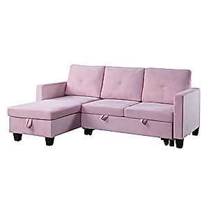 FANYE L-Shaped Reversible Corner Convertible Sectional Sofa with Pull Out Sleeper Couch Bed and Storage Chaise for Home Apartment Office Living Room, Pink Velvet Sofa&Couch, 82.5"