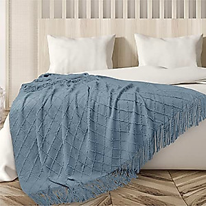 PAVILIA Knitted Throw Blanket Fringe Dusty Slate Light Blue Gray | Decorative Tassel Boho Farmhouse Decor Couch Bed Sofa Fall Outdoor | Woven Textured Afghan Soft Lightweight Cozy Acrylic 50x60