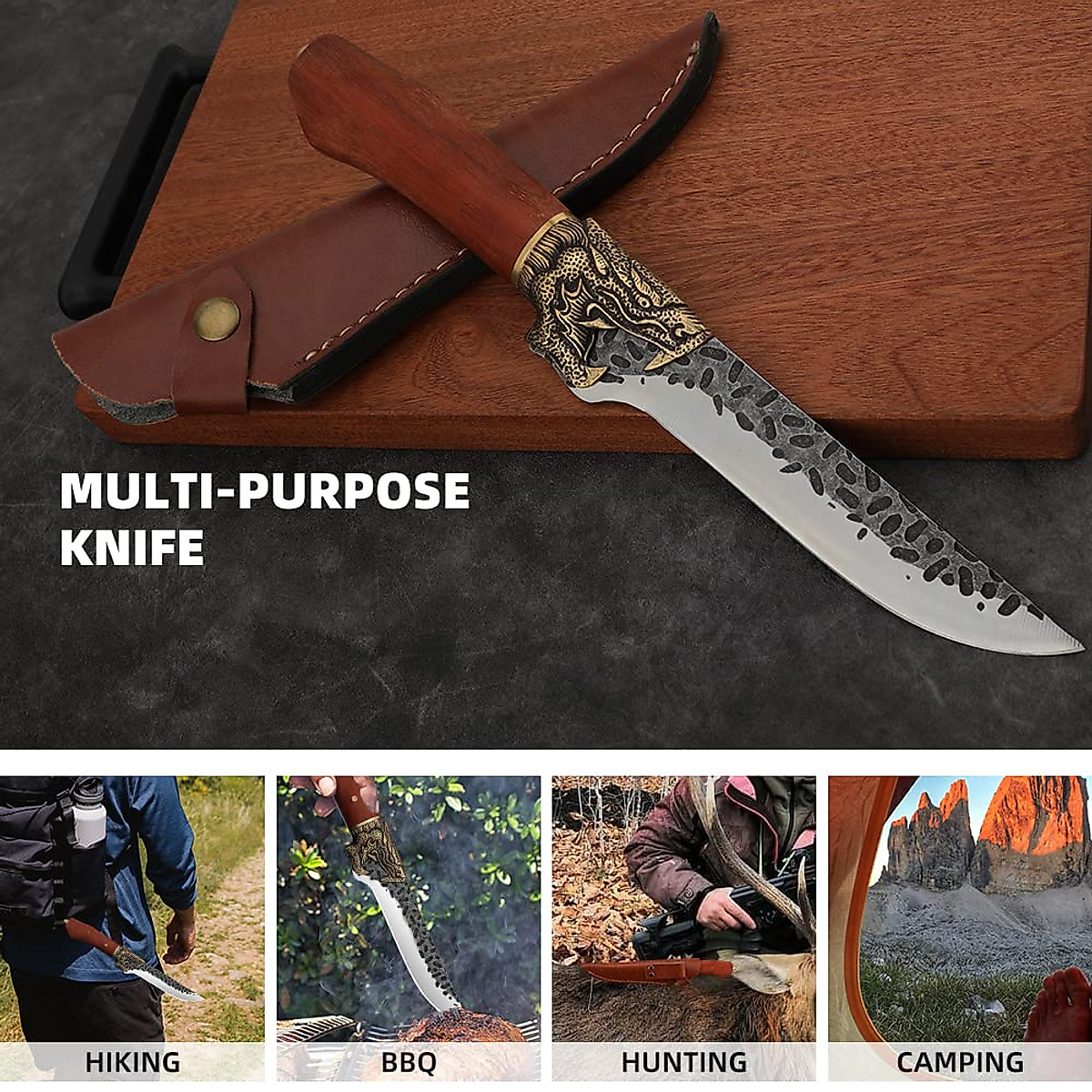 Veisky Chef Knife with Ergonomic Handle High Carbon Stainless Steel Professional Kitchen Cooking Knife with Sheath Meat Cleaver Chopping Knife for Home Outdoor and Camping (7.01 inch)