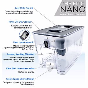 Epic Nano Countertop Water Filter Dispenser for Drinking Water. 36 Cup 150 Gallon Long Last Filter BPA Free Water Purifier Large Water Jug