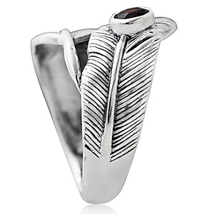 Silvershake Natural Garnet 925 Sterling Silver Bypass Feather Ring Size 8
