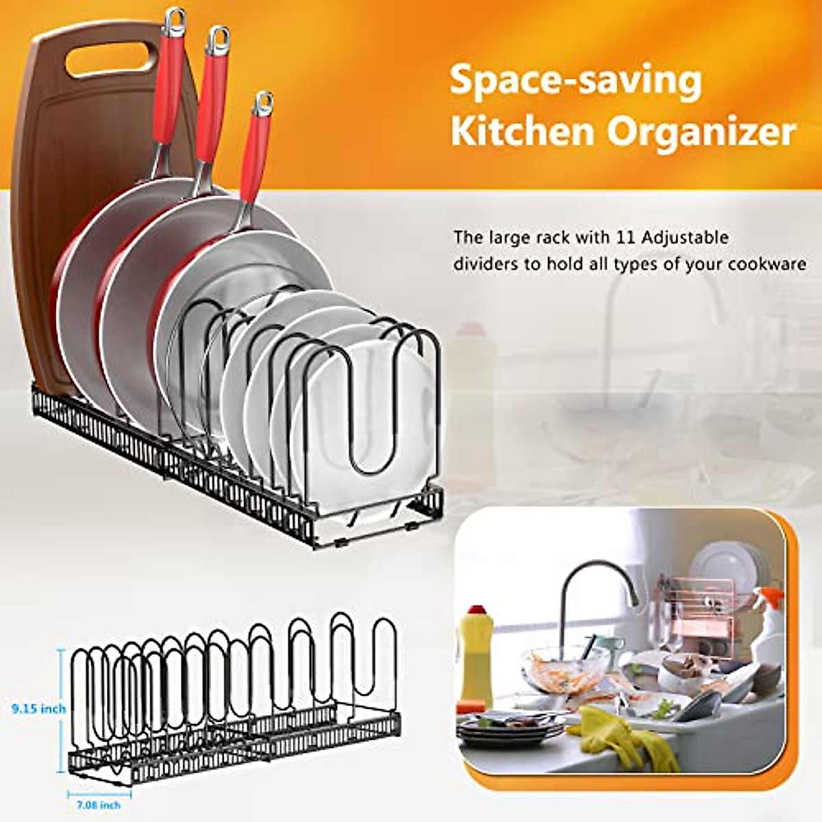 Pots and Pans Organizer, MUDEELA 11 Expandable Pot or Lid Holder, Organizer Rack for Cabinet with 11 Adjustable Dividers,Space-saving Kitchen Organizer Suitable for Pan Drawer, Counter Top, Cupboard
