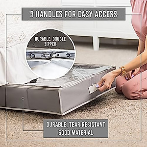 Under Bed Shoe Storage Organizer - Set of 2 – TEAR-RESISTANT Heavy Duty 600D Material - Shoe Organizer Under Bed - Fits Men's and Women's Shoes, High Heels, and Sneakers - Up to 32 Pairs - Extra-Strong Zipper - Grey - Perfect for College Dorms