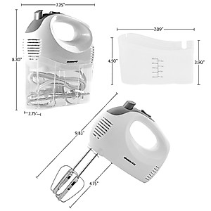 Ovente Portable 5 Speed Mixing Electric Hand Mixer with Stainless Steel Whisk Beater Attachments & Snap Storage Case, Compact Lightweight 150 Watt Powerful Blender for Baking & Cooking, White HM151W