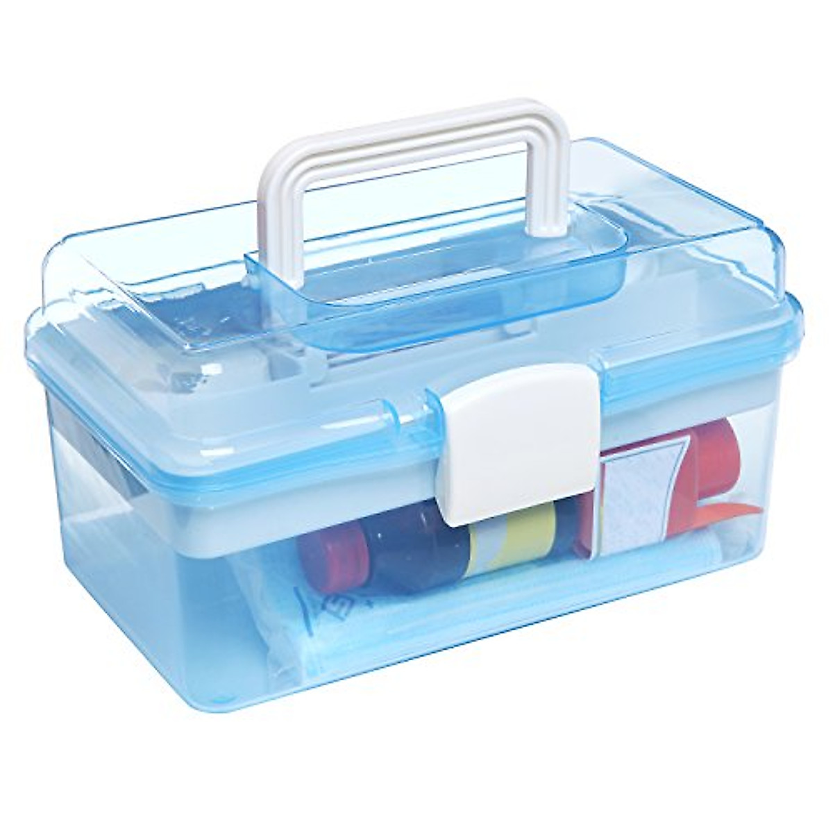 MyGift 10 Inch Portable Transparent Blue Plastic Storage Case Tool Box Sewing Box Organizer Travel Kit Box with Removable Tray, Clear Lid and Top Handle