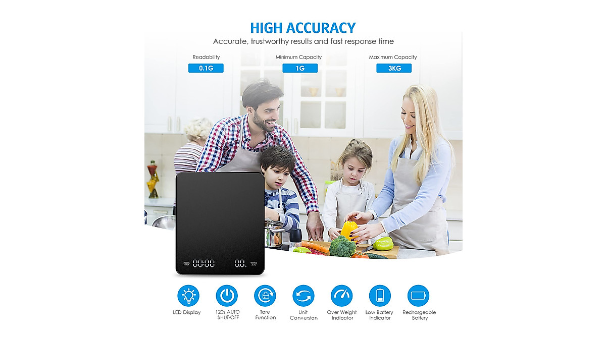 AMIR Digital Coffee & Kitchen Scale - Precise 0.1g w/ Timer