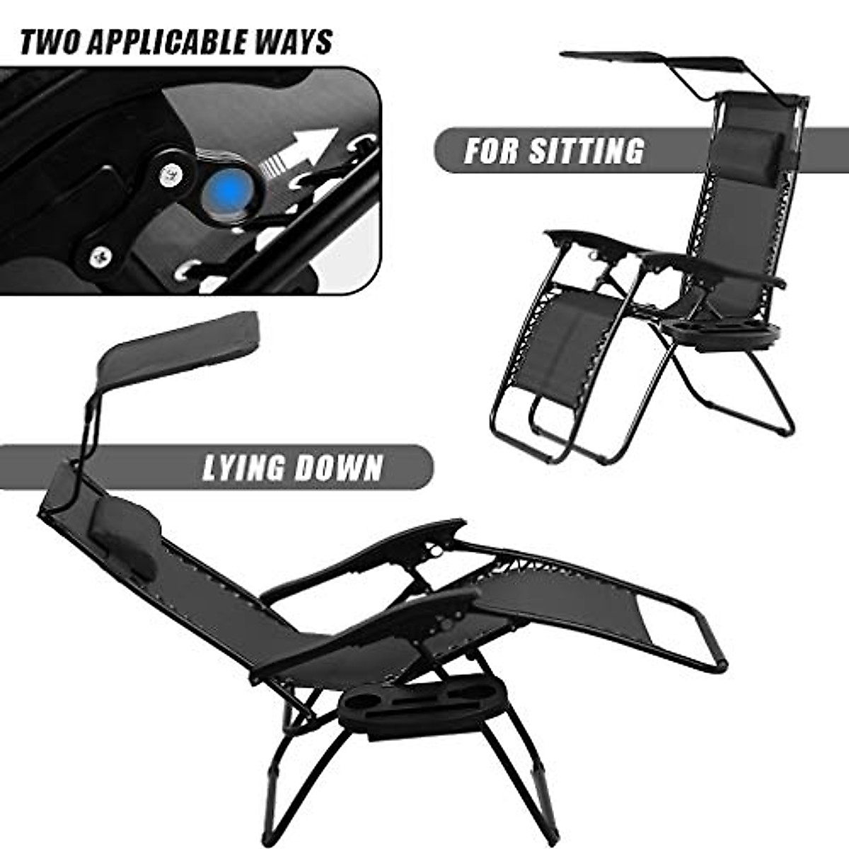 Vnewone Zero Gravity Folding Outdoor Anti Reclining Lounge Deck Foldable Yard with Pillow Cup Holder and Canopy, Black