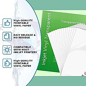 18Pack Clear Sticker Paper for Inkjet Printer, Printable Vinyl Transparent Sticker Paper Thick Waterproof Self Adhesive Sheets Decal Paper for Crafts Label DIY Project Standard Letter Size 8.5"x11"