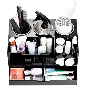 Hiceeden Acrylic Hair Tool Organizer Countertop, Hair Dryer Holder with 2 Drawer, Bathroom Vanity Accessories Storage Stand for Blow Dryer, Hair Brush, Straightener, Black