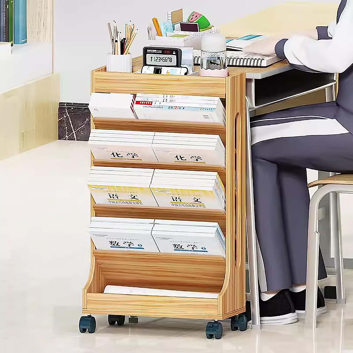 Rolling Storage Cart Organizer Wooden Utility Rolling Cart 6 Tier Movable Bookshelf Cart Desk Side Cart for Office Dorm Classroom,Walnut