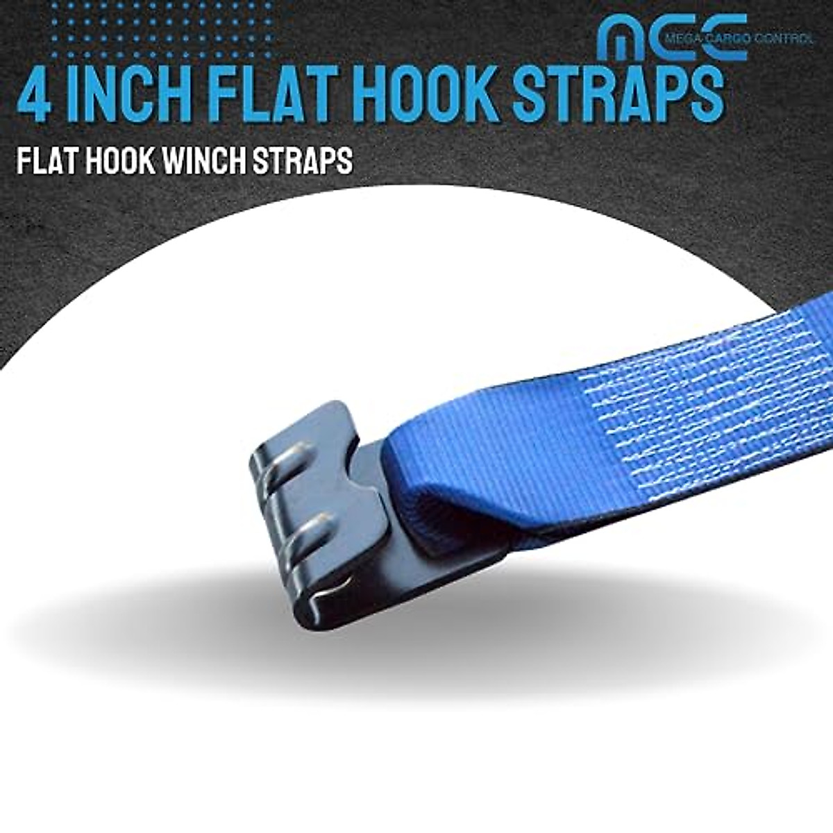 Mega Cargo Control (4 - Pack) Blue Tie Down Straps | 4" x 30' Heavy Duty Tie-Down Winch Strap with Flat Hooks | for Flat Bed, Truck, Farm, Utility Trailers