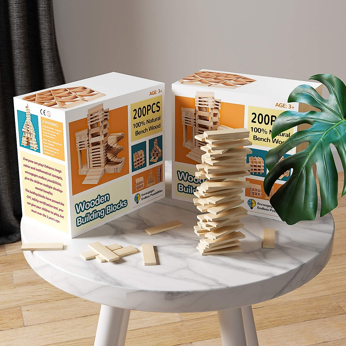 LuckIn 200-Pcs Wood Building Blocks for Kids over 3 Year Old, Structure Wooden Planks Set, Wood Stacking Blocks Brain Builders and Contraptions, STEM Toy for Boys and Girls