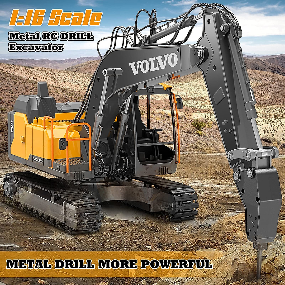 DOUBLE E Volvo RC Excavator 17 Channel 3 in 1 Construction Toys, 17 Channel Remote Control Vehicles Tractor Sandbox Toys Digger with Metal Shovel Drill Grab RC Truck for Kids Adults