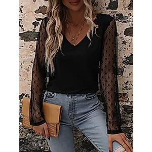 WDIRARA Women's V Neck Polka Dots Sheer Mehs Long Sleeve Twist Backless Sexy Top Black M