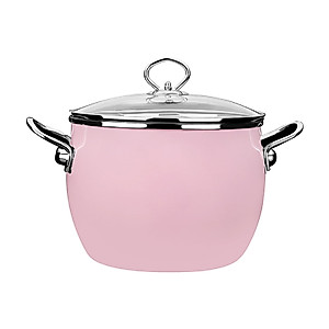 JUSTUP Enamel Stock Pot with Lid, 6-Quart Soup Pot with Circular Handle，Large Cooking Pot Boiling Pot for Gumbo, Stew, Boil, Pasta，Sauce (Pink), 13*9*6.7 Inch