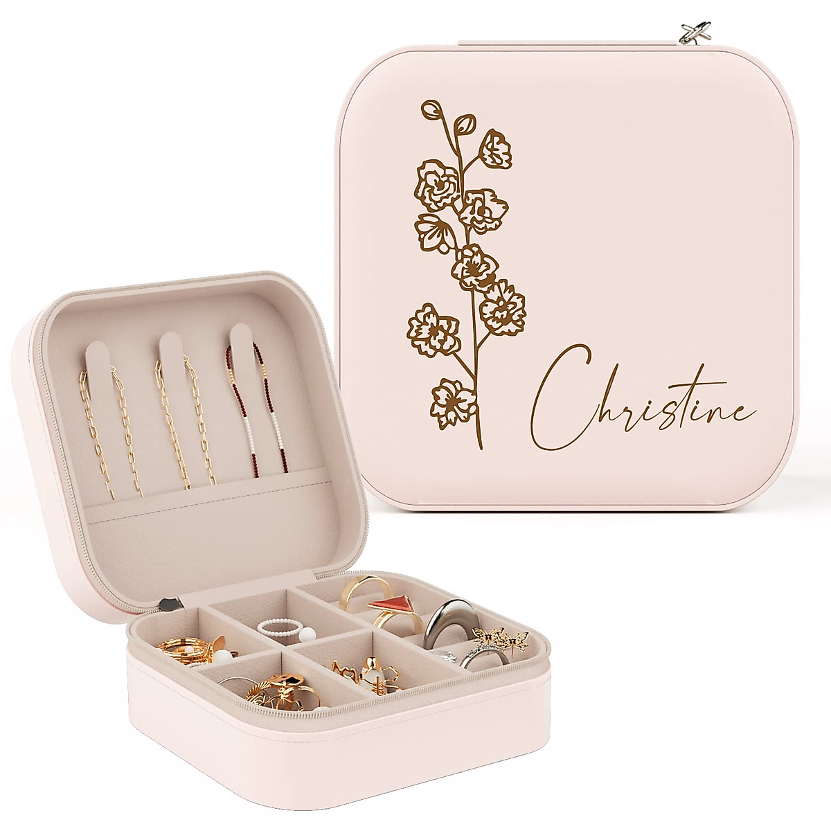 Personalized Jewelry Box - Custom Gifts for Women, Portable Small Travel Jewelry Case with Birth Flower & Name, Bridesmaid Gifts, Wedding Gifts, Gifts for Birthday Anniversary for Women Mom Girls