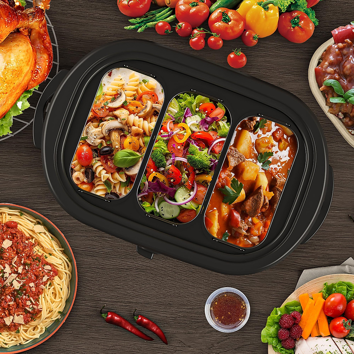 Sunvivi Electric Roaster Oven, 24 QT Roaster with Removable 3-bin Buffet Server, Turkey Roaster Oven with 150-450°F Full-Range Temperature Control, Removable Pan & Rack, Stainless Steel, Silver