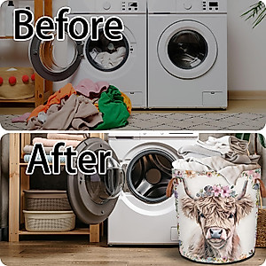 Mozaigos Highland Cow Laundry Basket Waterproof Collapsible Laundry Hamper Tote With Handles Toy Storage Basket Organizer Dirty Clothes Hamper for College Dorm, Bathroom, Bedroom, Living Room