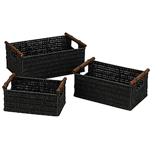 Household Essentials ML-7052 Paper Rope Wicker Storage Baskets with Wood Handles |Set of 3 | Black Stain
