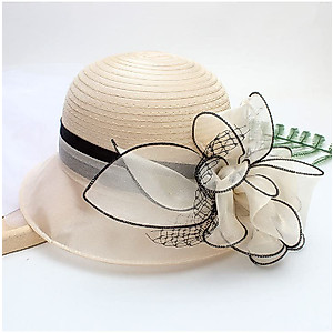 Organza Fascinator Tea-Party Derby-Hats for Women - Flower Wide Brim Church Sunday Sun Hat (US, Alpha, Medium, Beige)