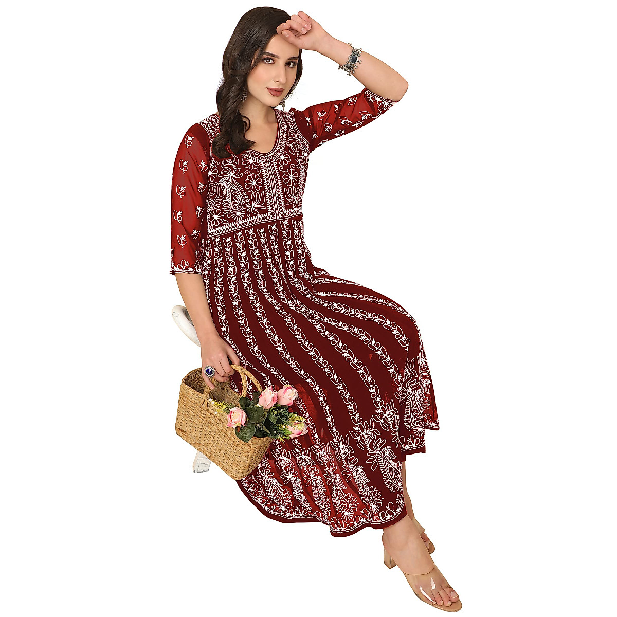 EthnicJunction Women's Georgette Chikankari Embroidery Anarkali Kurta (X Large) (Rust Orange)