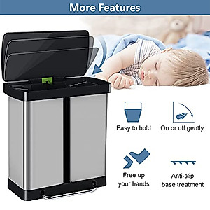 16 Gallon/ 60L Kitchen Dual Step Trash Can Garbage Bin 2-Compartment Stainless Steel Step Trash Bin Large Classified Brushed Trash Can Rubbish Recycling Bin with Lid & Removable Inner Buckets, Silver