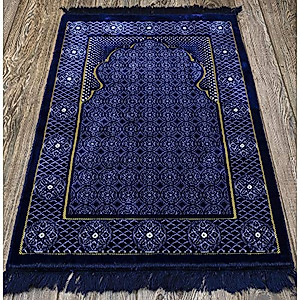 Modefa Turkish Islamic Prayer Rug - Traditional Muslim Janamaz Sajada - Plush Velvet Praying Mat Carpet for Men and Women - Ramadan or Eid Gift - with Kufi Cap & Beads - Floral Stamp Ipek - Blue 2