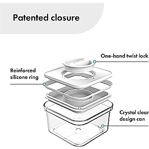 Neoflam Airtight Smart Seal Food Storage Container (Set of 3) | Crystal Clear Body | Modular, Stackable, Nestable Design (0.6L. Square)
