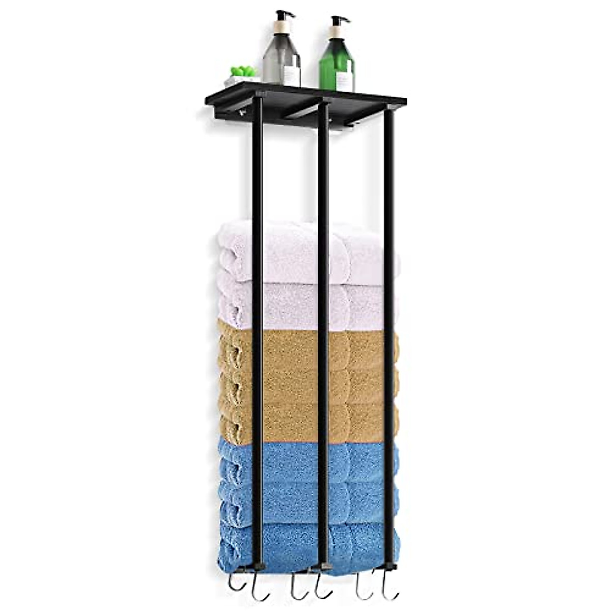 Towel Racks for Bathroom Wall Mounted, MOOACE 3 Bar Adhesive Rolled Towel Holders with Wood Top and 6 Hooks,Metal Bathroom Organizer for Folded Large Towel Washcloths - Black