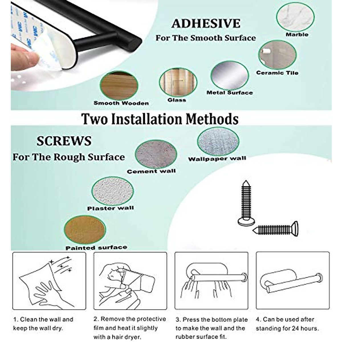 WYMECT Adhesive Paper Towel Holder Under Cabinet Wall Mount for Kitchen Paper Towel, 304 Stainless Steel Paper Towel Roll Holder with Screws Stick to Walll (Black)