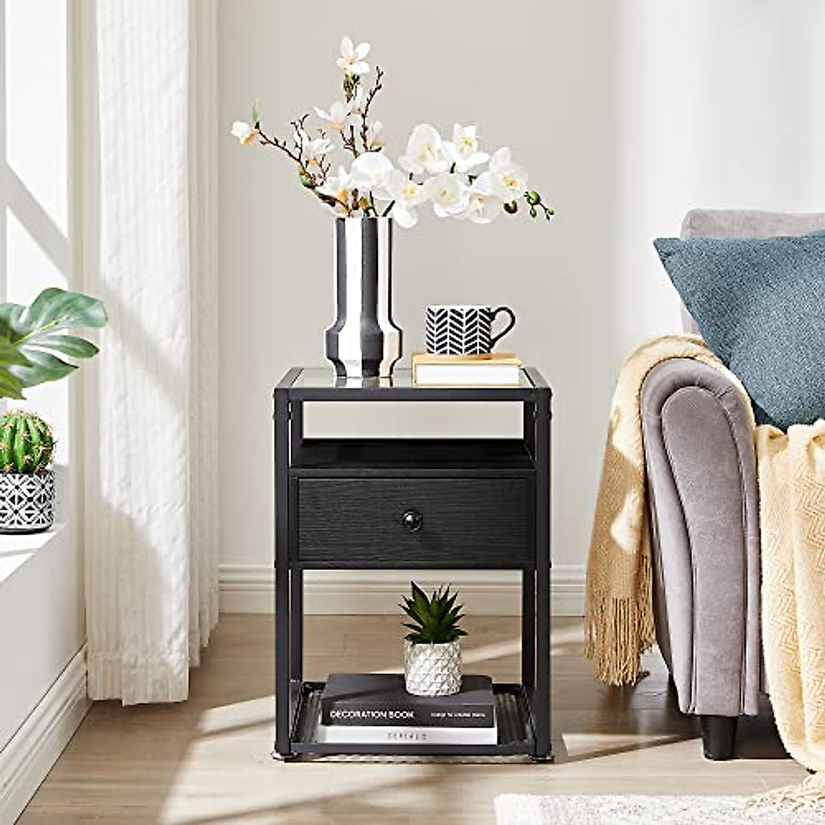 VECELO Bedside End Table, Modern Nightstand with Drawer, Night Stand for Living Room Bedroom, Tempered Glass, Black