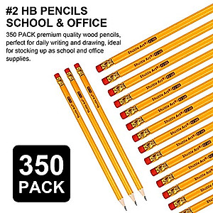 Shuttle Art Wood-Cased #2 HB Pencils, 350 Pack Sharpened Yellow Pencils with Erasers, Bulk Pack Graphite Pencils for School and Teacher Supplies, Writhing, Drawing and Sketching