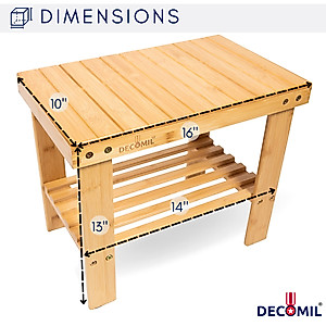 DECOMIL - Bamboo Shower Bench 16”, Foot Rest Shaving Stool with Storage Shelf | Nonslip Feet & Waterproof Bathing Bench | Perfect for Indoor and Outdoor Use