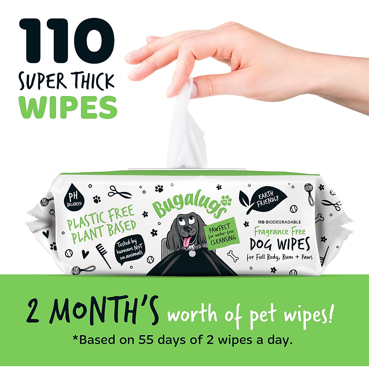 BUGALUGS Dog Wipes, 100% Plastic Free Biodegradable pet Wipes for Full Body, Eye Wipes, Ear Wipes, Bum & Paws. 110 Sensitive Dog Grooming Wipes for Dogs, Puppy & cat Grooming (Fragrance Free)