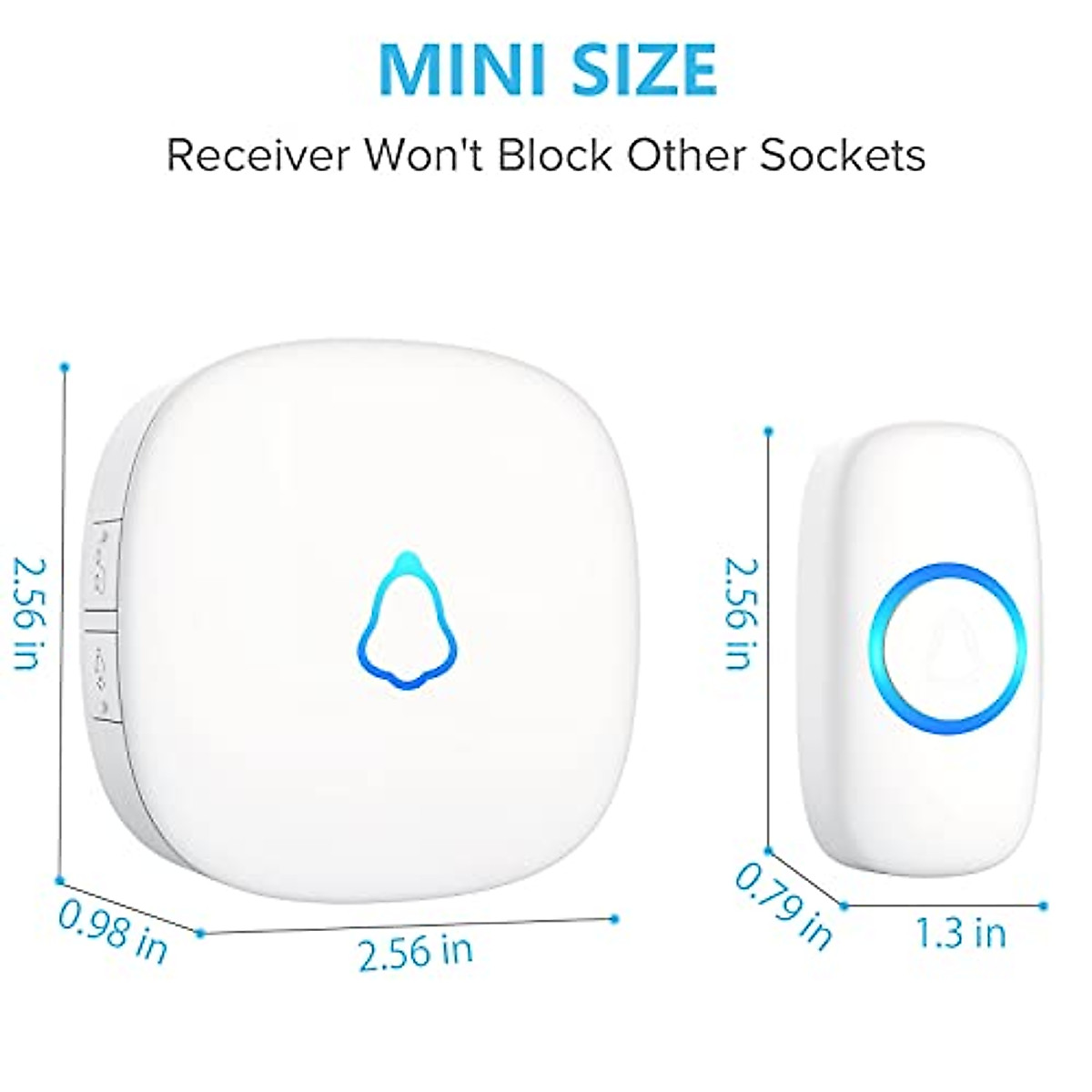 SECRUI Wireless Doorbell, Mini Door Bell with 58 Chimes 5 Volume Levels, 1 Waterproof Button 2 Plug in Receiver, White Doorbell with Led Blue light for Home/Classroom/Office