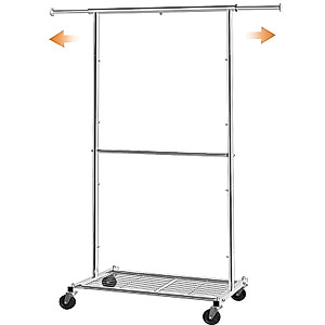 Simple Trending Standard Clothing Garment Rack, Rolling Clothes Organizer with Wheels and Bottom Shelves, Extendable, Chrome