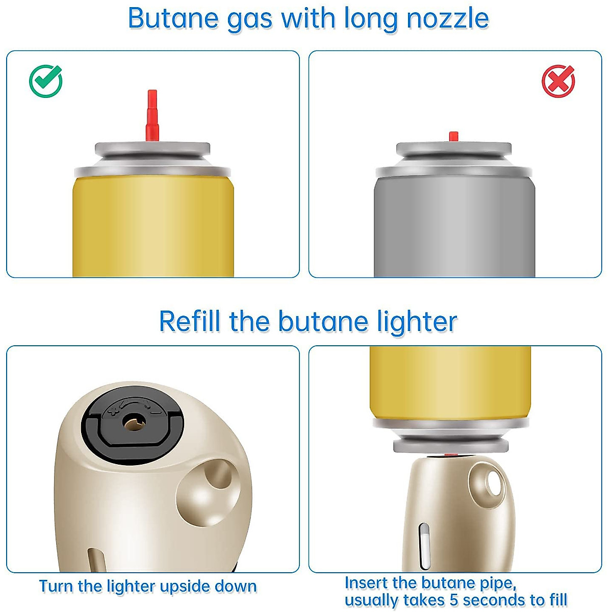 Butane Lighter Torch Long Lighter Jet Flame Windproof Lighter with Visual Fuel Window for Fireplace Kitchen Grill BBQ Camping, Gold (No Butane Included)