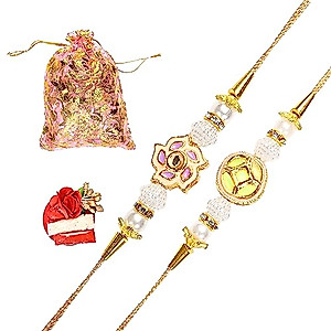 Tarini Gallery Set of 2 Rakhi for Brother Bhabhi Bhatija Bhaiya Bhai Raksha Bandhan gift Rakhi Thread Chain with Roli Chawal and Greeting card gift pack in pouch/Potli bag (Minakari)