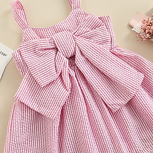 Toddler Baby Girls Sleeveless Dress Front Bowknot Stripe Sling Summer Jumpsuit Princess Casual Romper (Pink, 9-12 Months)