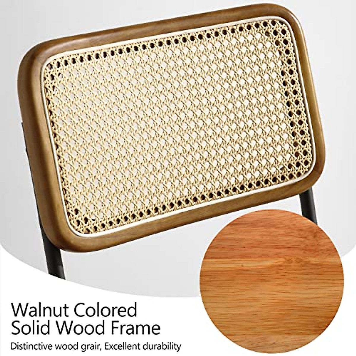 Art Leon Rattan Dining Chairs, Set of 2, Rubber Wood Frame, Mid Century Modern Dining Room Chairs with Rattan Woven Back, Faux Leather Upholstered Kitchen Chairs with Black Metal Legs, Yellow Brown