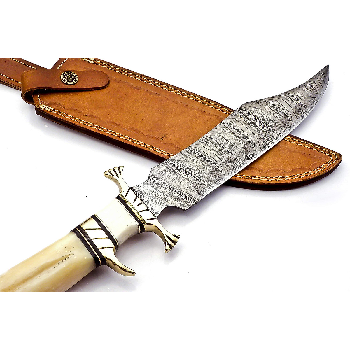 HandSmith™ 15" Handmade Damascus Steel Hunting Knife, Hand Forged Damascus Steel Fixed Blade Bowie Knife, Genuine Leather Sheath, Camel Bone Handle Firm Grip (White)