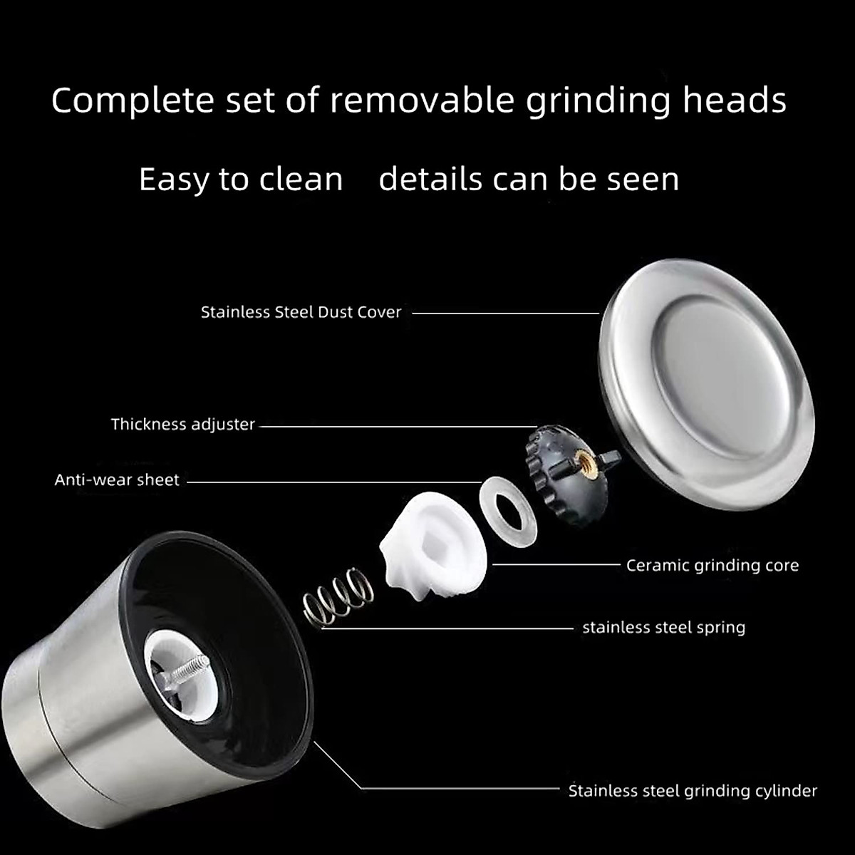 1pcs Pepper Grinder or Salt Grinder, Best Spice Mill with Ceramic Blades, Adjustable Coarseness, Brushed Stainless Steel Cap, and Refillable Tall Glass Body (7.5")