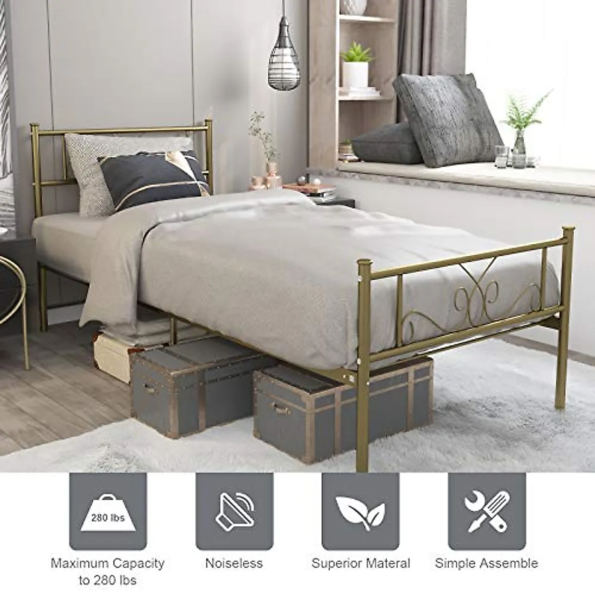 SimLife Twin Bed Frame with Headboard and Footboard Metal Platform Bed Frame Under Bed Storage Mattress Foundation No Box Spring Need Gold