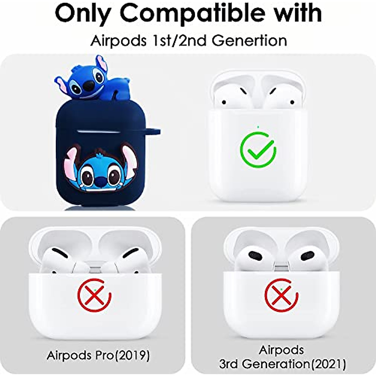 Stitch Case for Apple AirPods 1&2, 9 in 1 Accessories Set Protective Cover,3D Cartoon Case/Keychain/Carabiner/Metal dust Sticker/Anti-Lost Rope.The Best Gift