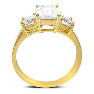 Size 4.5 - Solid 14k Yellow Gold 3 Three Stone Emerald-Cut/Shape Solitaire with Princess Cut Side Stones CZ Cubic Zirconia Engagement Ring 2.5ct.