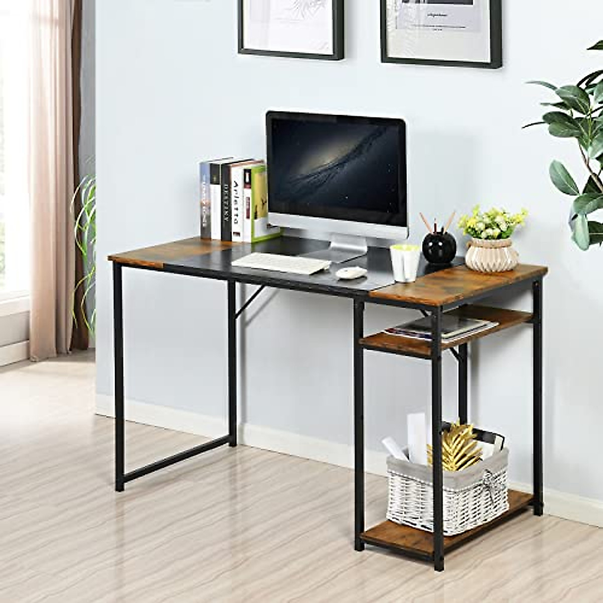 FurnitureR 55 inch Study Writing Table with Storage Shelves Space Saving for Home Office, Modern Style PC Metal Frame Computer Desk, Black&Brown