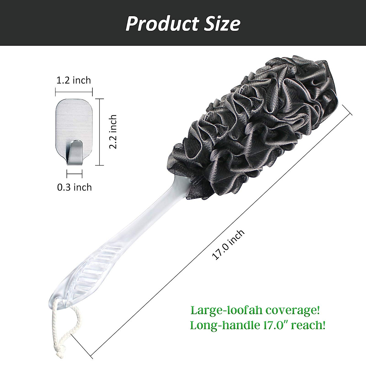 AITRAI Loofah Back Scrubber, Pack of 2 Long Handle Loofah Back Brushes for Shower Luffa on Stick Soft Mesh Body Scrubber for Men Women, Bamboo Charcoal Infused