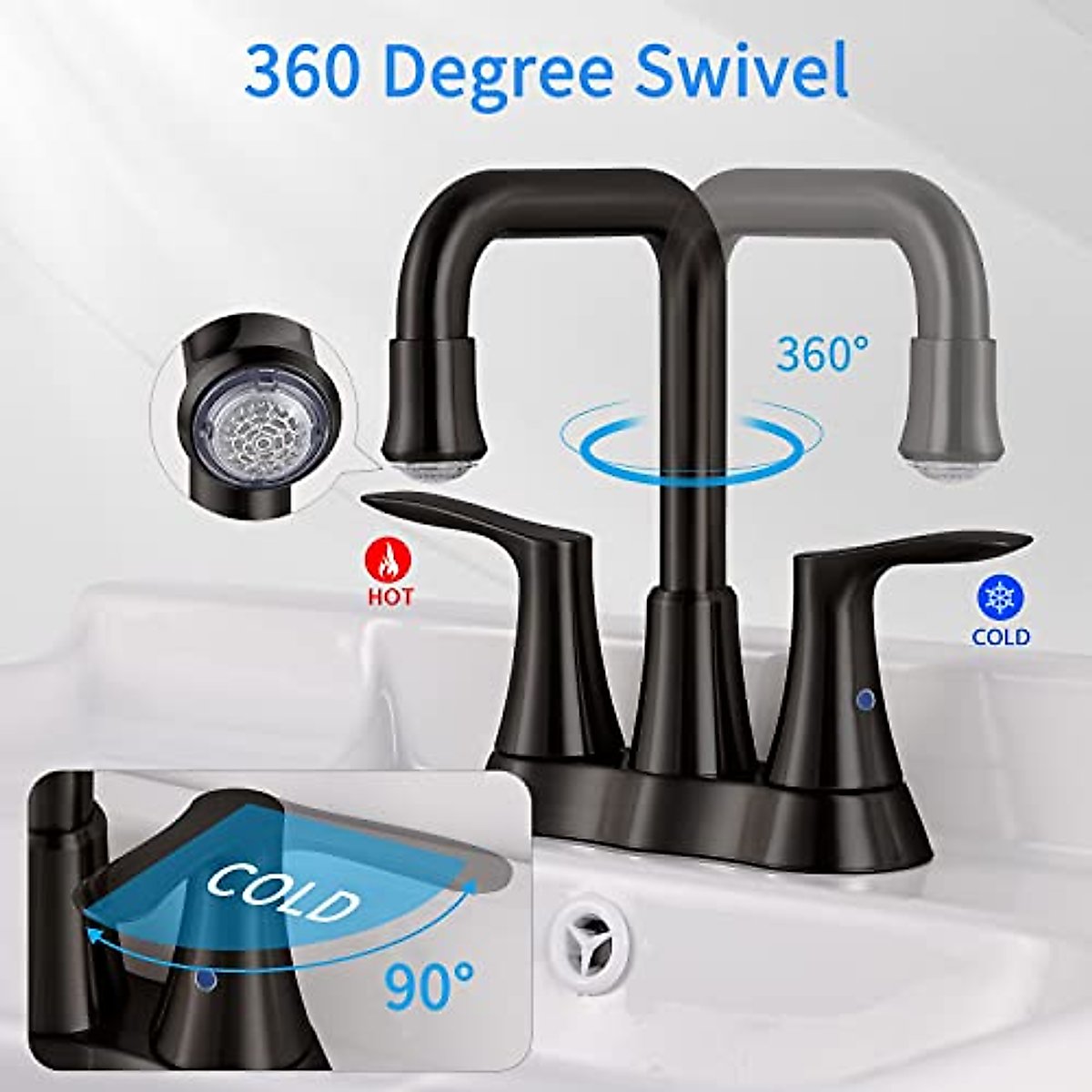 VXV Bathroom LED Faucet 360 Degree Swivel Spout 2-Handle Lavatory Faucet with Pop Up Drain and Replaceable LED Aerator 4 Inch Centerset Lavatory Vanity Faucets 2 Hole Matte Black